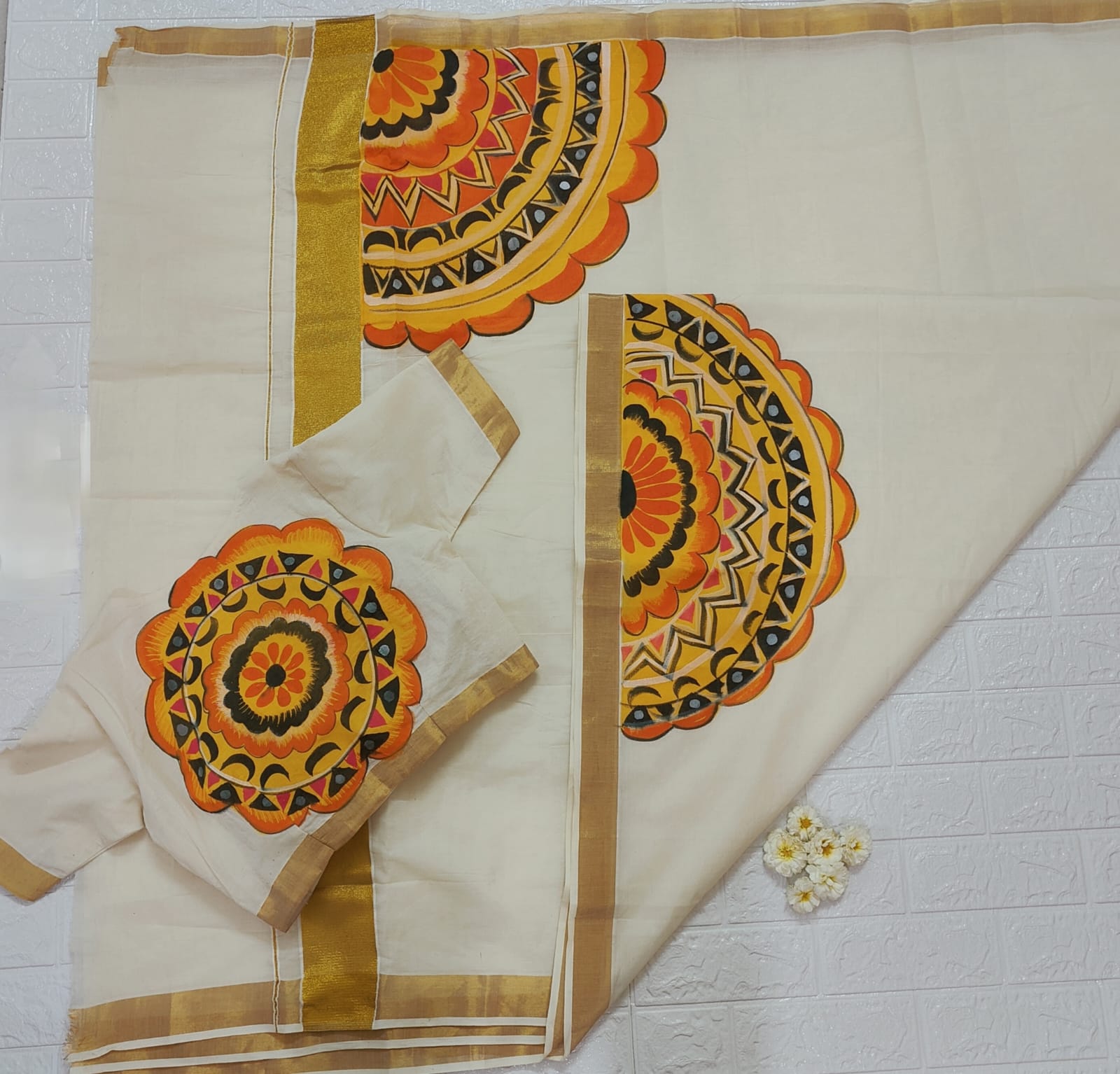 Pure cotton handpainted kerela sari in white – HolyThread India