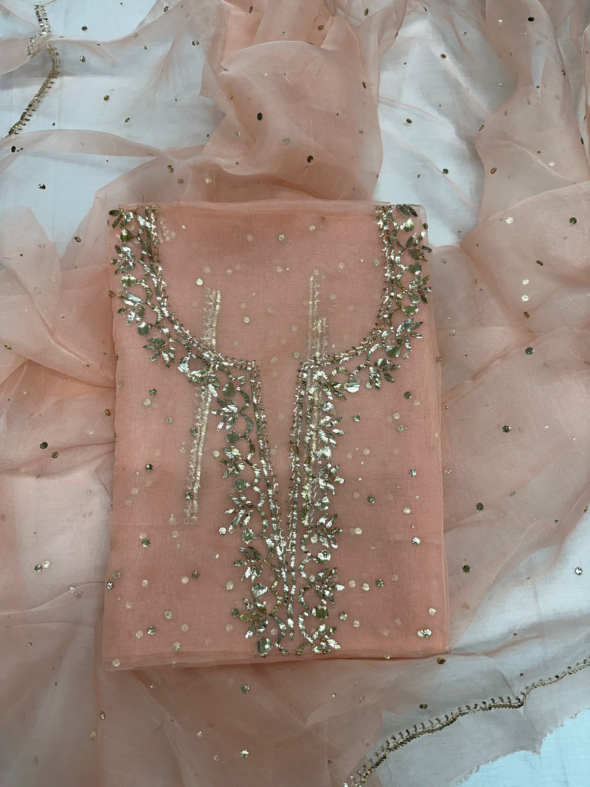 Exclusive pure organza silk hand Mukesh and badla work 2pc suit in pea ...