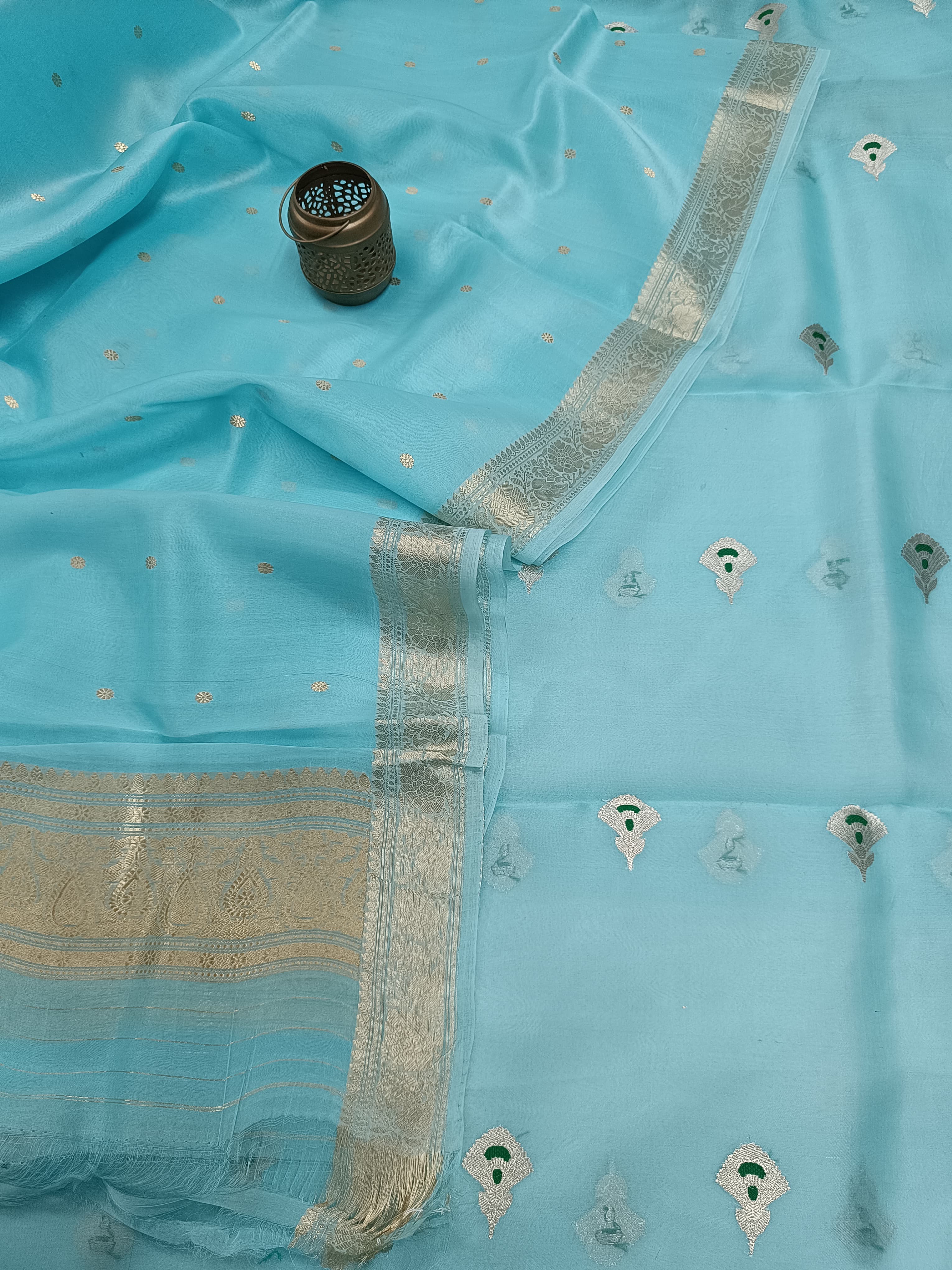 Pure kora silk kadua weaving suit in seagreen – HolyThread India