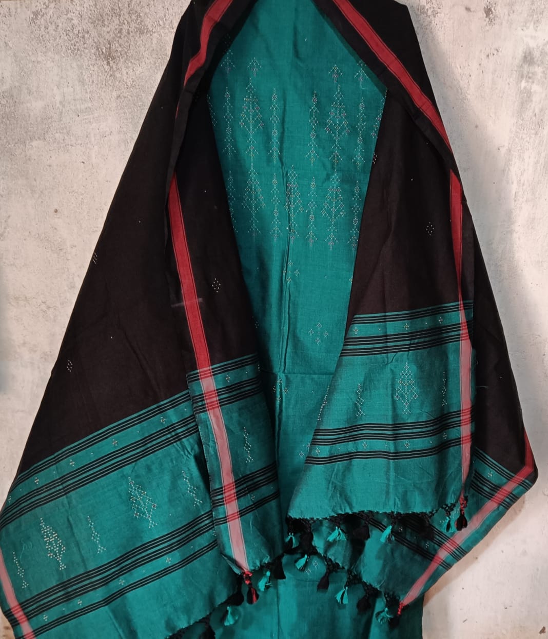 Pure handloom cotton tangaliya work suit in seagreen and black ...