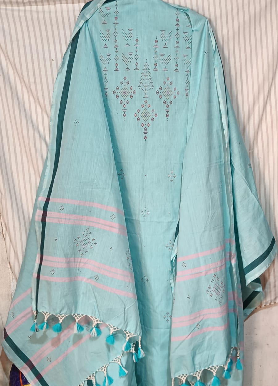 Fine Handloom Cotton Tangaliya Work suit In Skyblue – HolyThread India