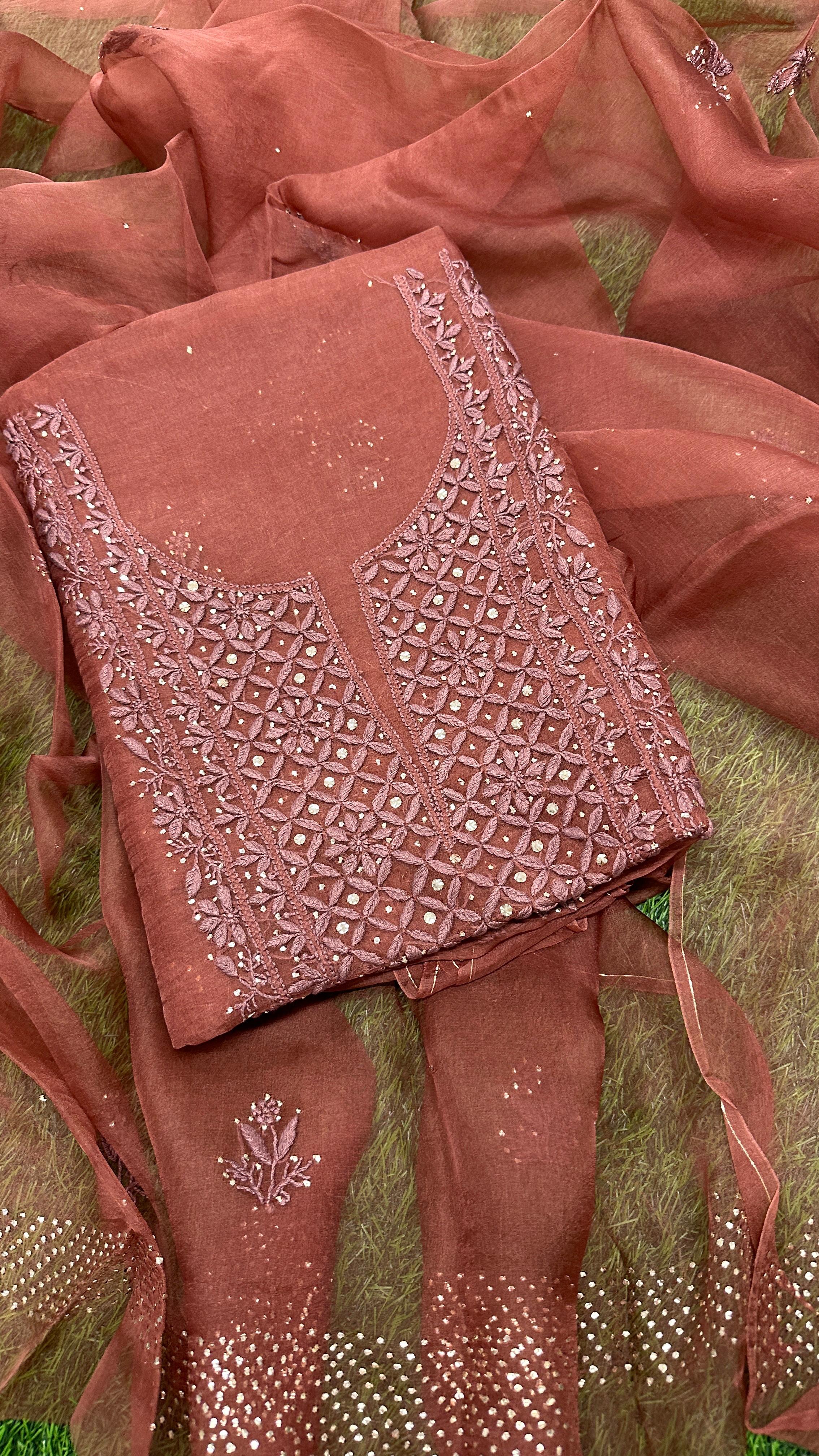 Pure Organza silk chikankari Mukesh work suit in Rust – HolyThread India