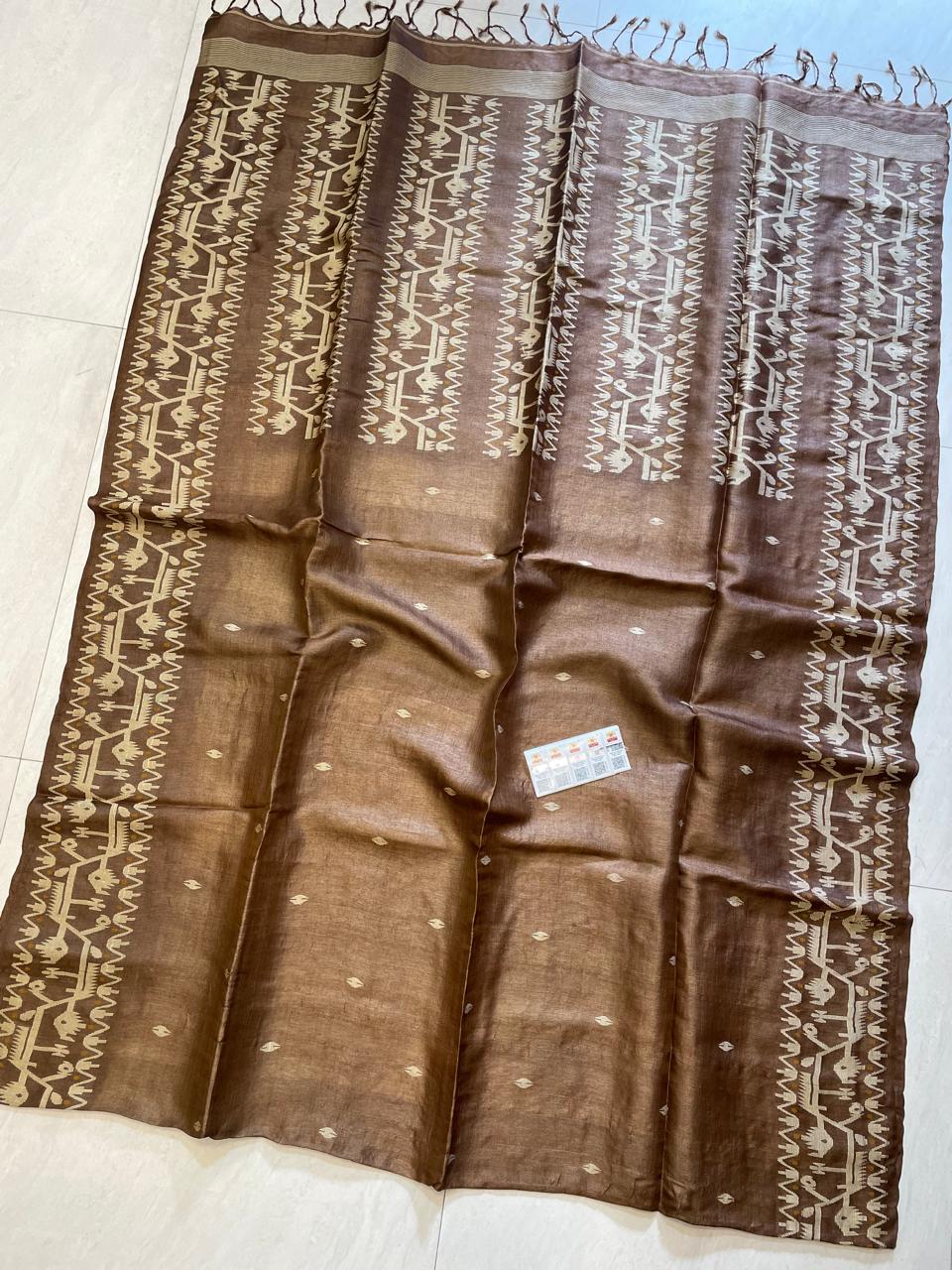 Premium quality tasar silk jamdani sari in bown – HolyThread India