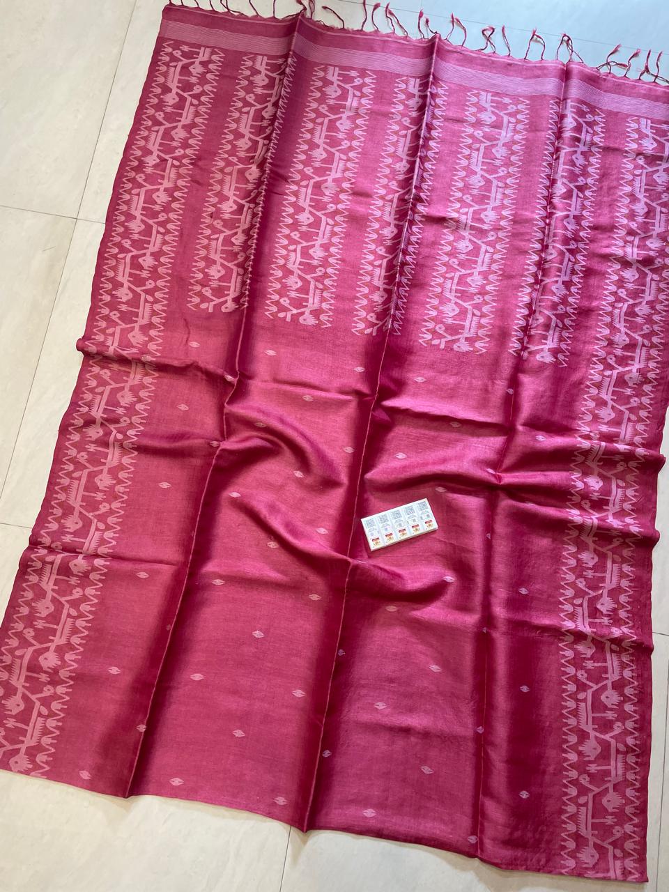 Premium quality tasar silk jamdani sari in pink – HolyThread India