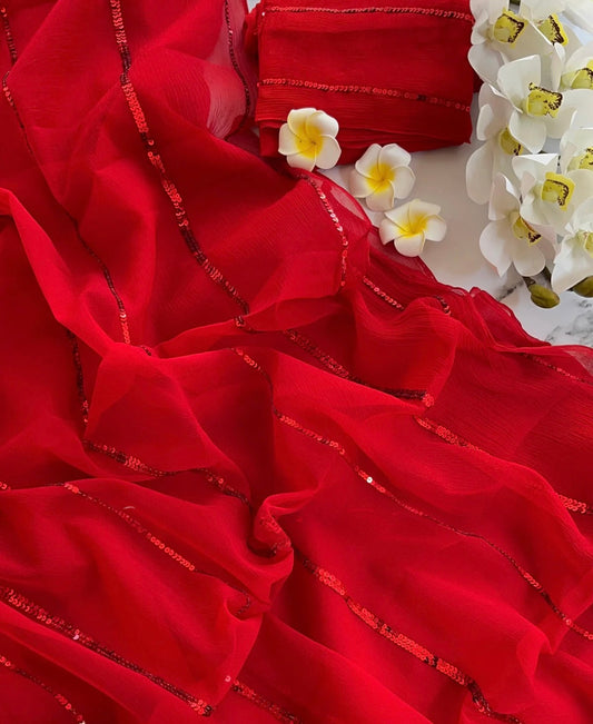 Pure chiffon handwork sari in red with tone to tone sequin work ...