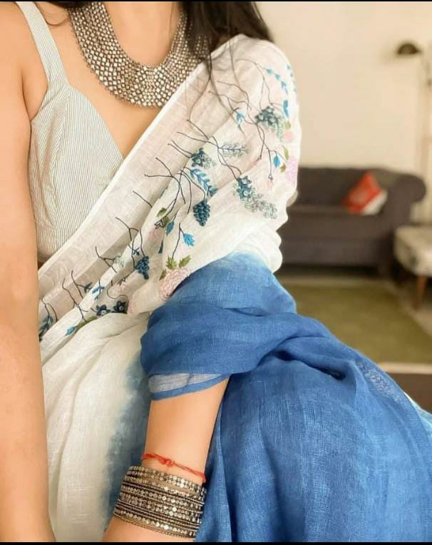 Pure linen handwork saree – HolyThread India